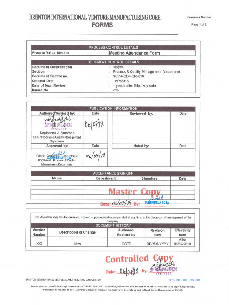 SCD-PQD-MEM-010 - Meeting Attendance Form | PDF