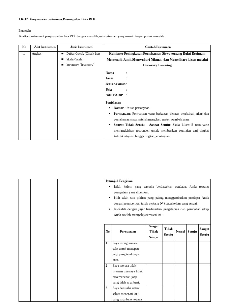 Tugas 12 - Penyusunan Instrumen PTK | PDF