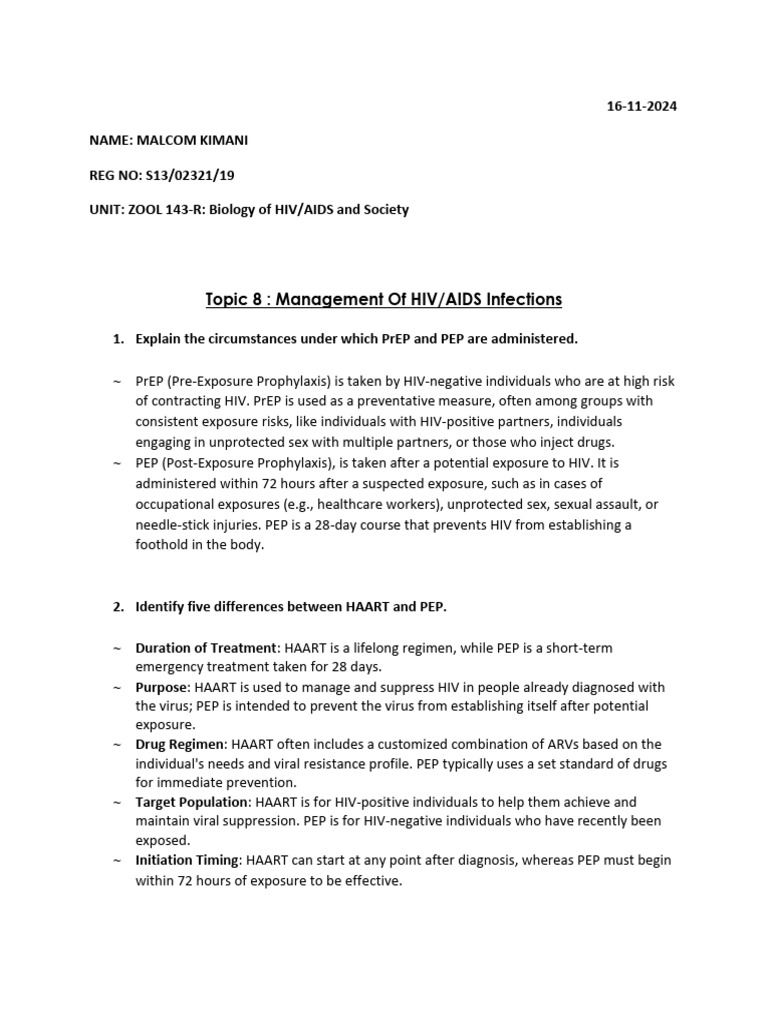 Topic 8 Assignment (Malcom Kimani) | PDF | Management Of Hiv/Aids | Hiv/Aids