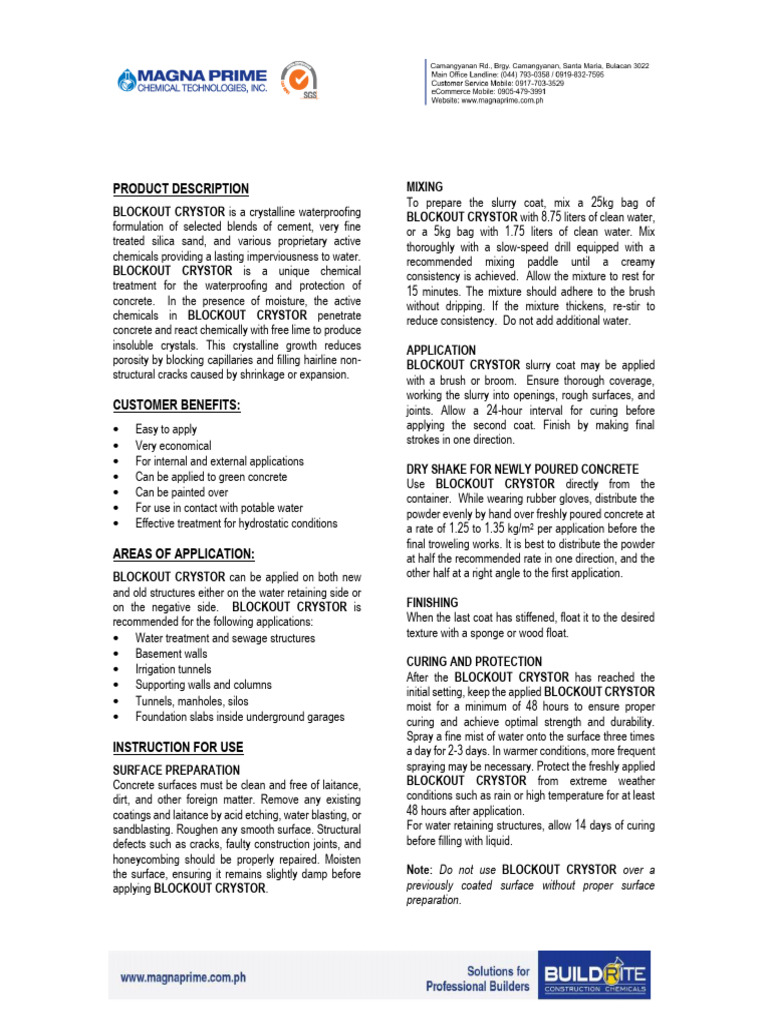 Blockout Crystor Waterproofing Guide | PDF | Concrete | Water