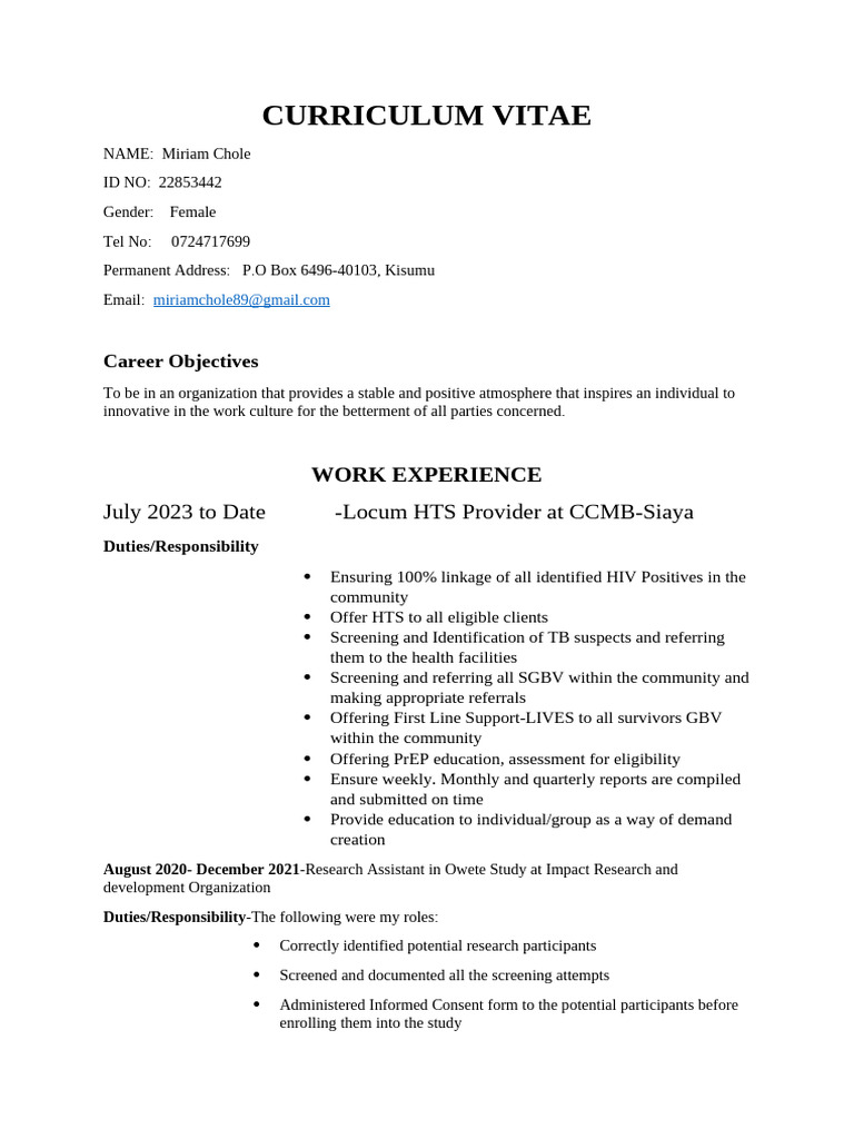 Miriam Chole CURRICULUM VITAE | PDF | Health Care