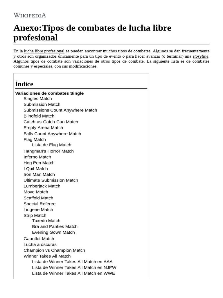 Anexo Tipos de Combates de Lucha Libre Profesional | PDF | Lucha ...