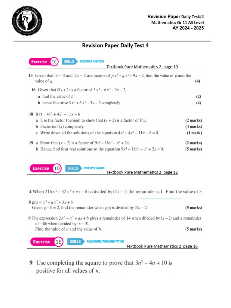 Gr 11 AS Level Math Test Revision 4 | PDF