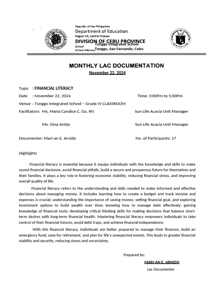 lac template (1) | PDF | Financial Literacy | Literacy