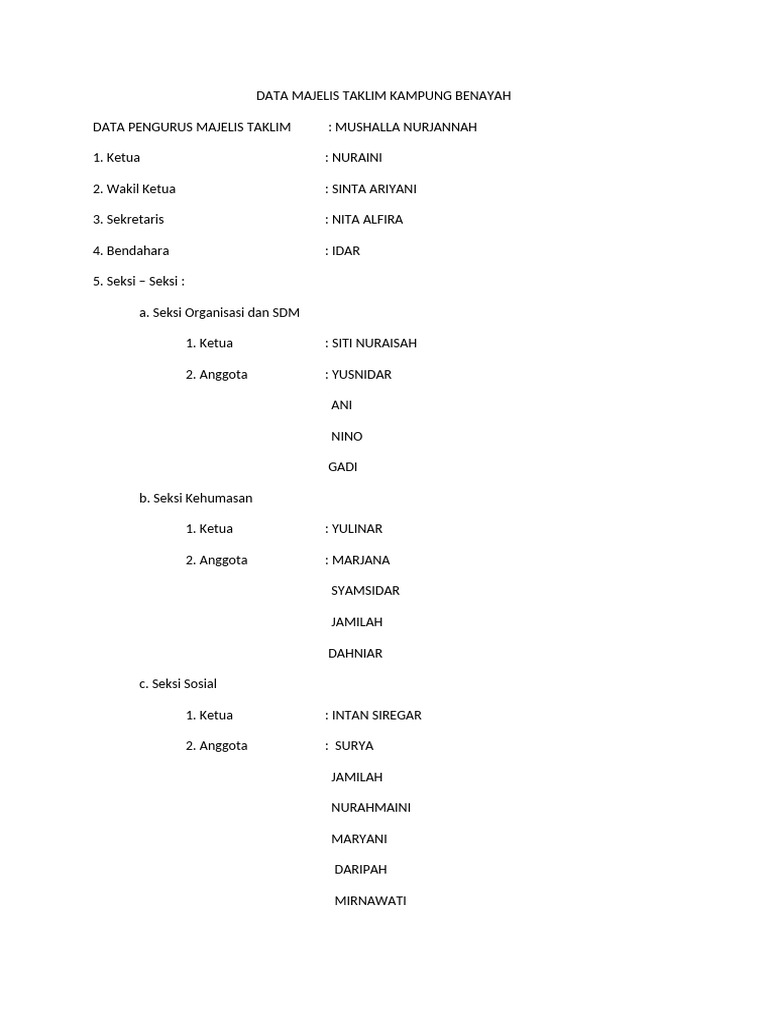 Struktur Pengurus Majelis Taklim | PDF