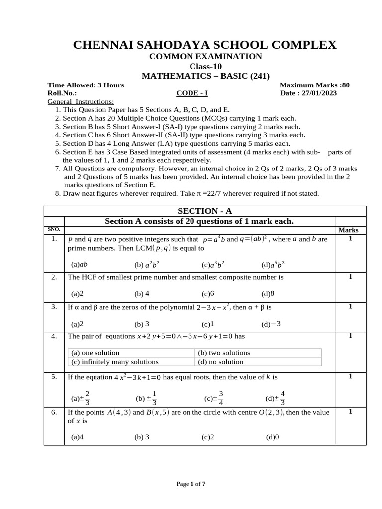 Class 10 Basic Math Exam Paper | PDF | Circle | Area