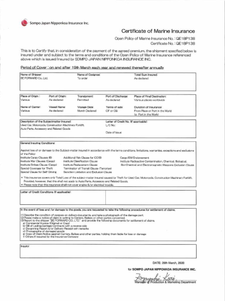Marine Insurance Certificate | PDF