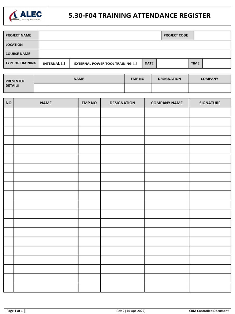 5.30-F04 Training Attendance Register | PDF