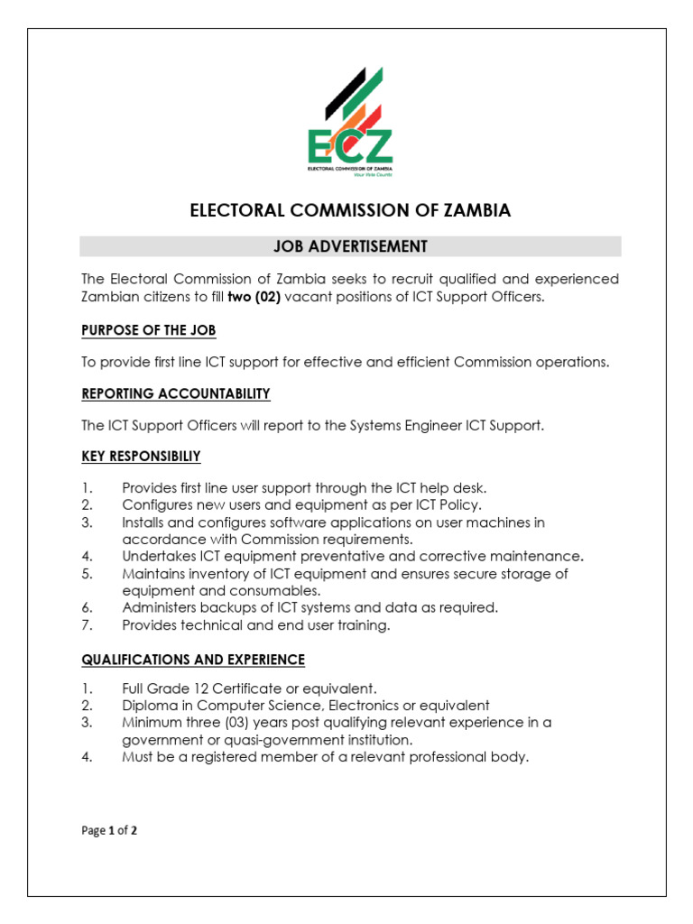 ICT Support Officer Job Vacancy | PDF
