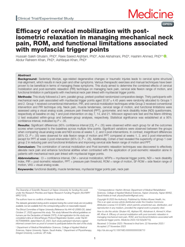 Efficacy of Cervical Mobilization With Post-Isometric Relaxation in ...