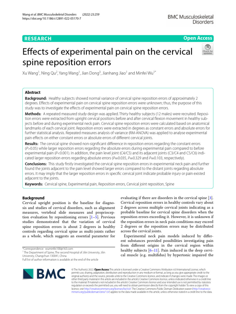 Effects of Experimental Pain On The Cervical Spine Reposition Errors ...