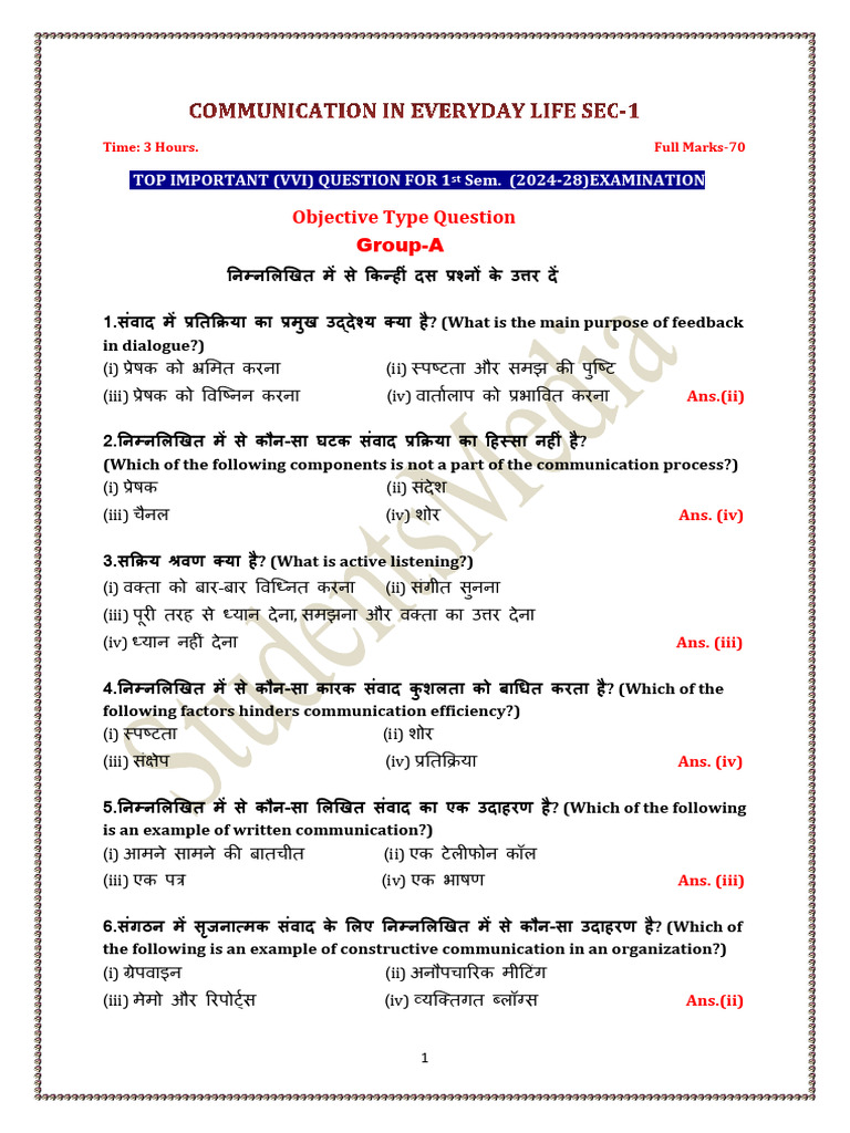 Communication in Everyday Life - 1st - Semester - 2024 - 28 - VVI - Question | PDF