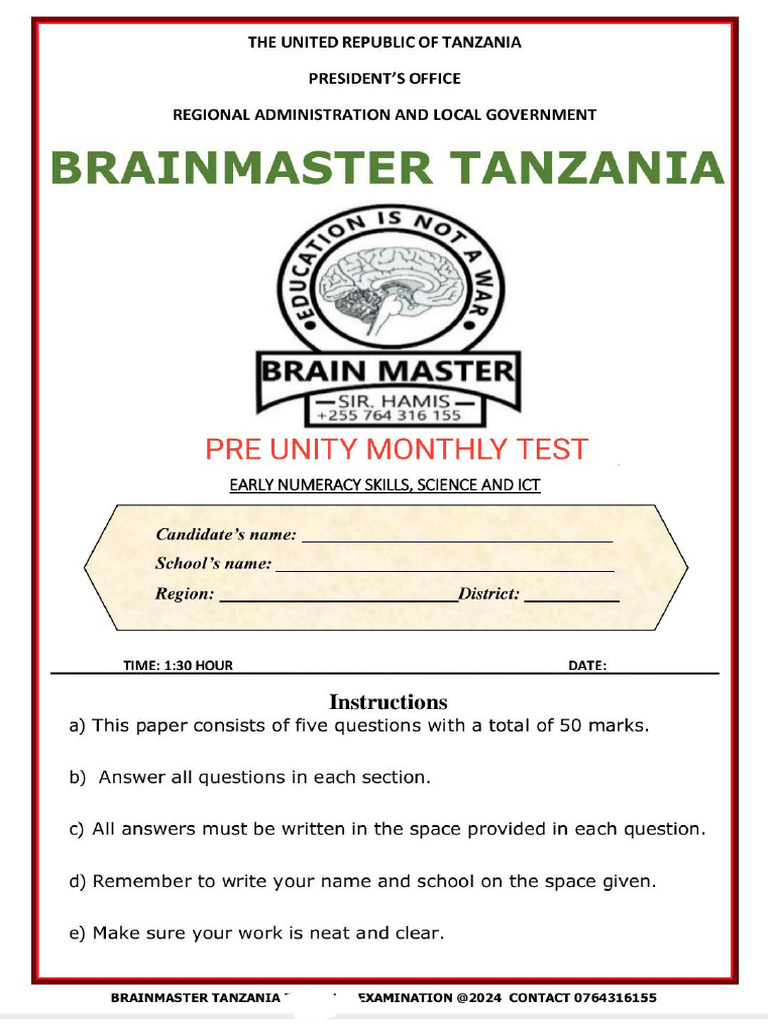 Brainmaster Tanzania?? Pre Unit Numeracy July Monthly Test 2024 | PDF