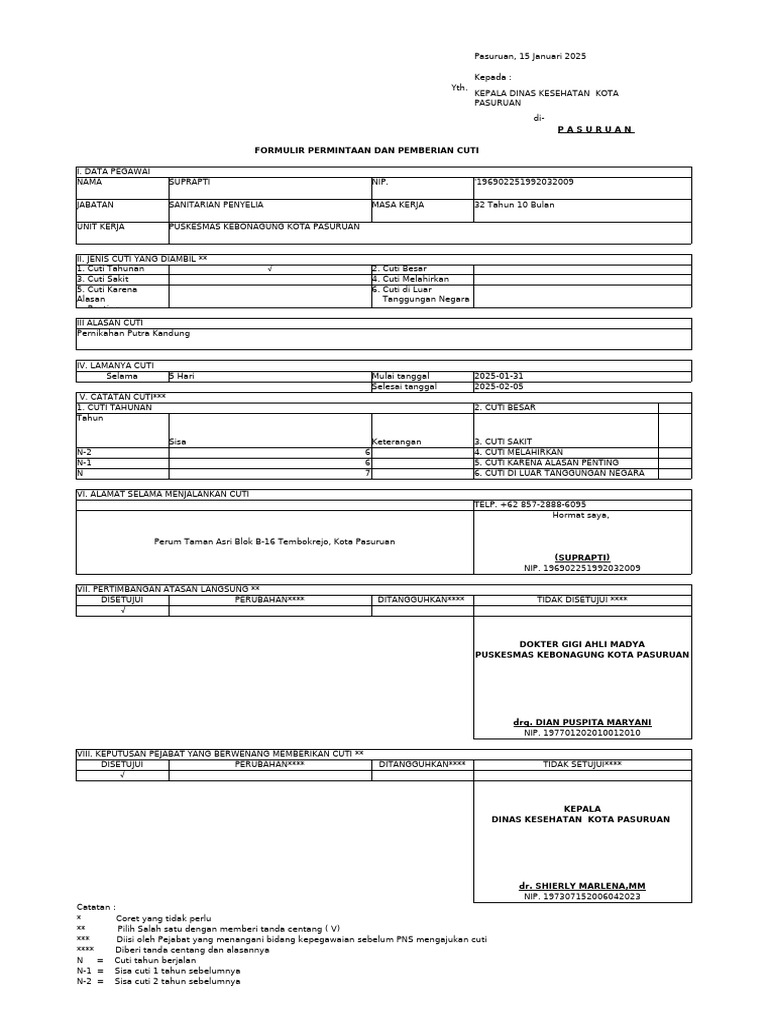 Pengajuan Cuti SUPRAPTI 2025-01-31 | PDF