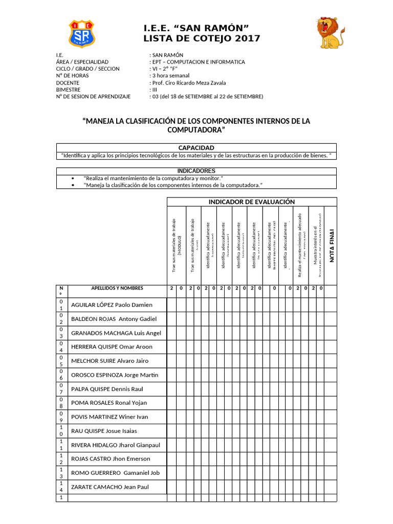 LISTA DE COTEJO 2017 SR 2do Sem 07 | PDF | Ingeniería Informática | Tecnología de información y ...