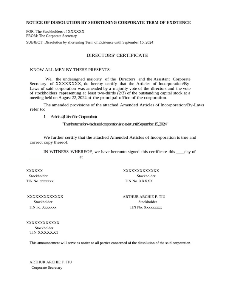 Directors - Certificate Arcus Notice Sample | PDF