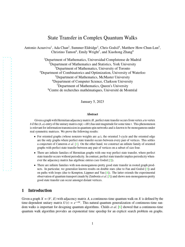 State transfer in complex quantum walk | PDF | Matrix (Mathematics) | Eigenvalues And Eigenvectors