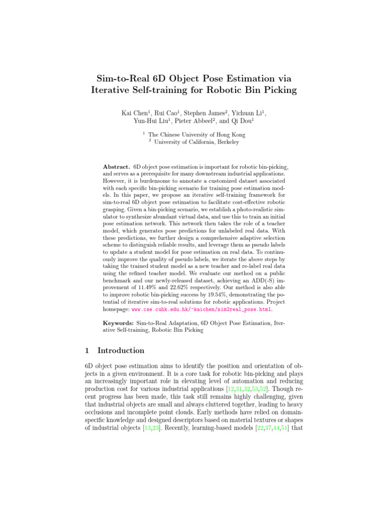 Sim-to-Real 6D Object Pose Estimation Via Iterative Self-Training For Robotic Bin Picking | PDF ...