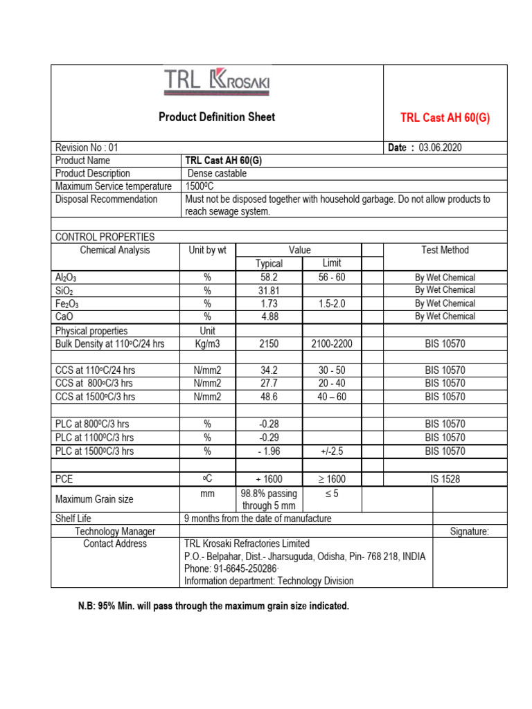 Data Sheet TRL Cast AH 60(G) | PDF | Materials