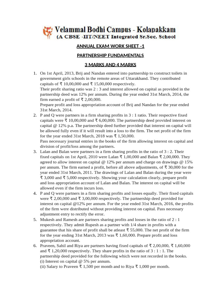 Annual Exam Work Sheet-1 | PDF | Interest | Partnership