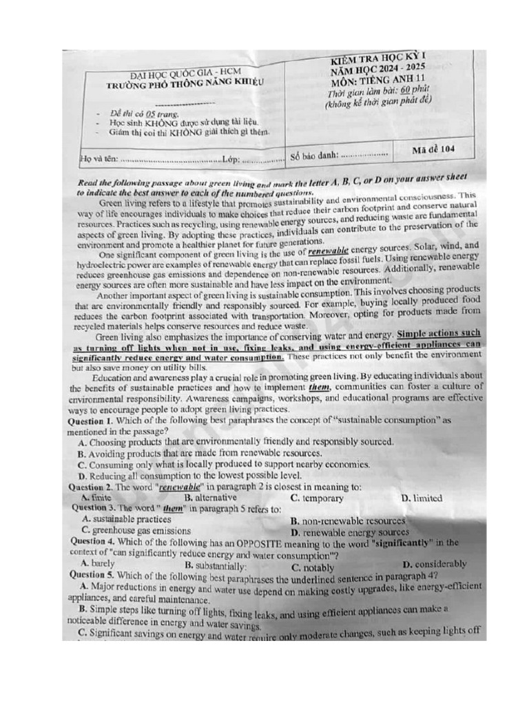 Đề Anh 11 HK 1 Năng Khiếu 2024 | PDF