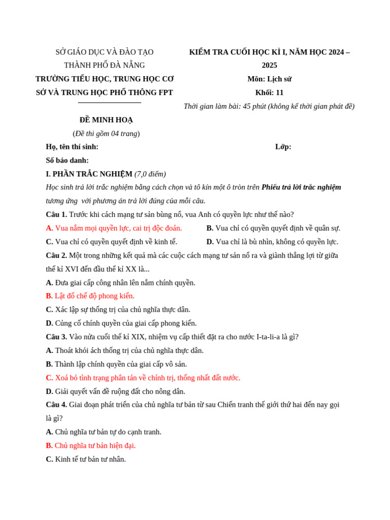 LỊCH SỬ 11 - ĐỀ MINH HOẠ CUỐI HỌC KÌ I - Huynh Hai Hoc (FE FSC DN) | PDF