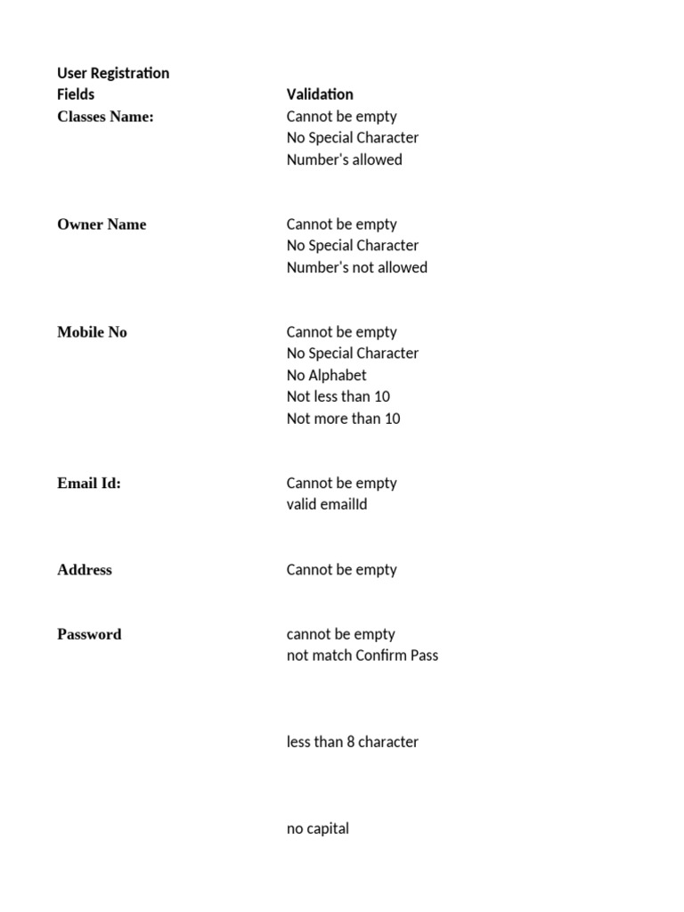 User Registration Validation Rules | PDF
