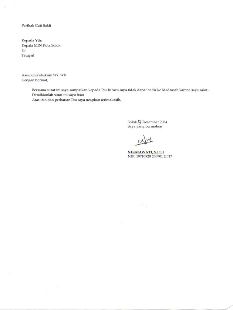 Surat Cuti Sakit Nikmawati 10-12 Des 2024 | PDF