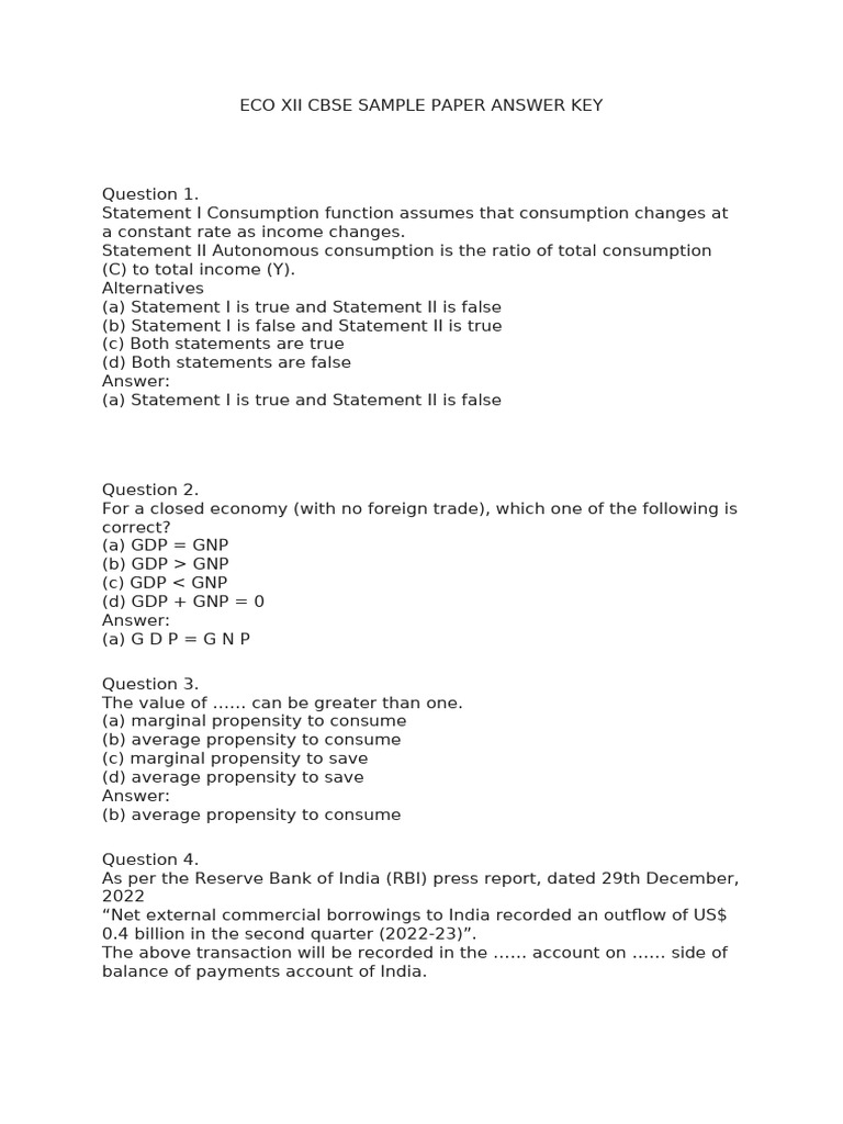 CBSE Class 12 Economics Answers | PDF | Banks | Consumption (Economics)