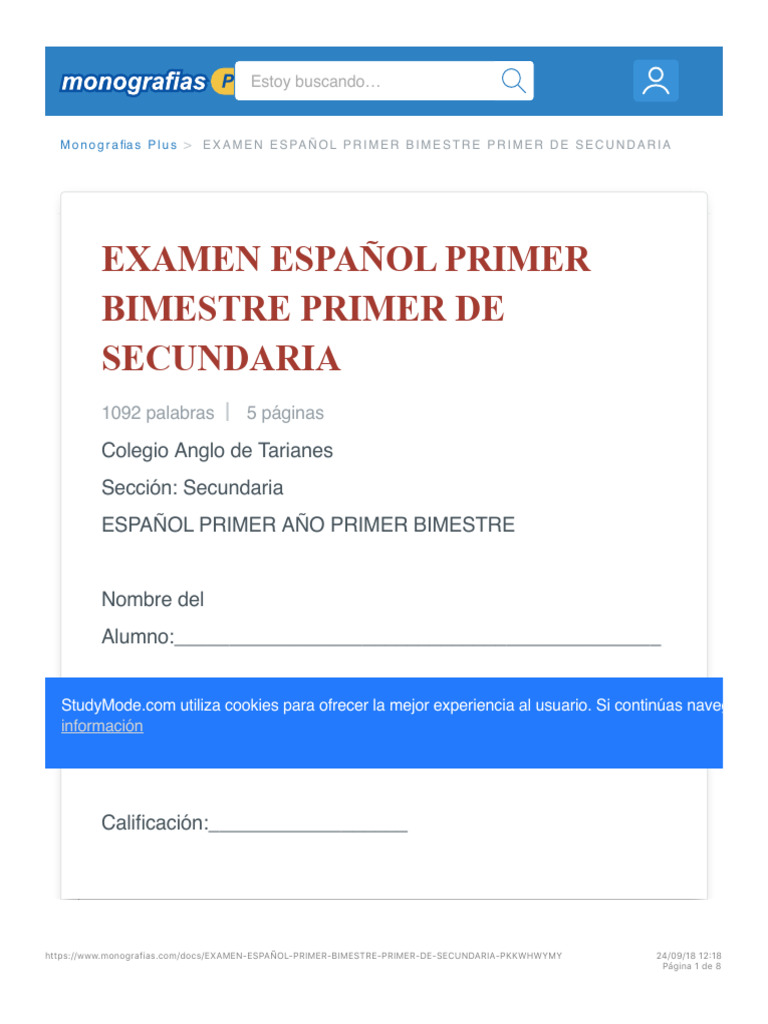 EXAMEN ESPAÑOL PRIMER BIMESTRE PRIMER DE SECUNDARIA Monografías Plus | PDF