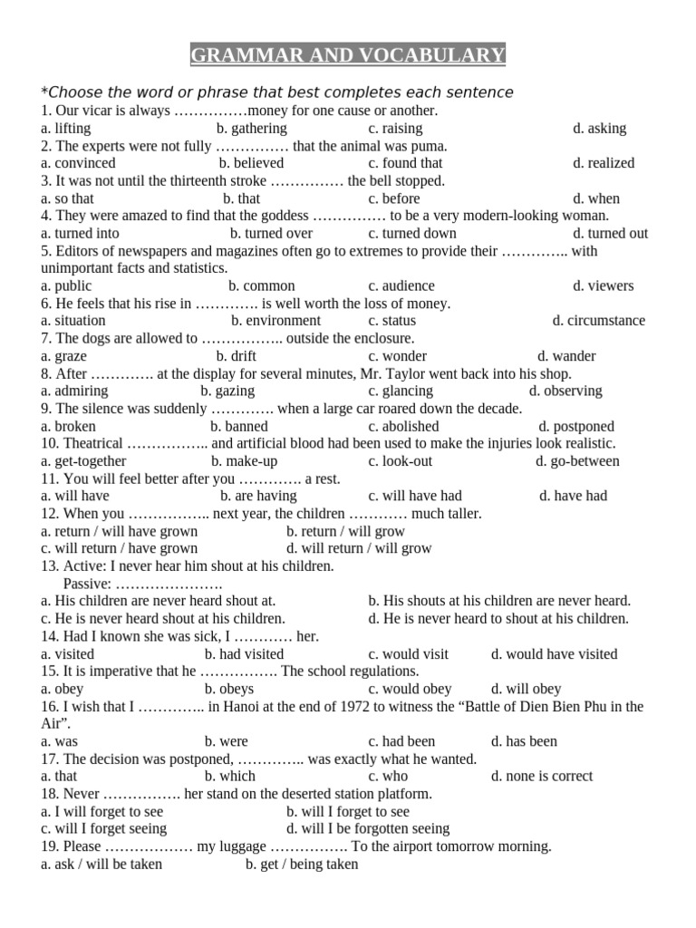 100-MULTIPLE-CHOICE-QUESTIONS-Grammar-and-Vocabulary | PDF