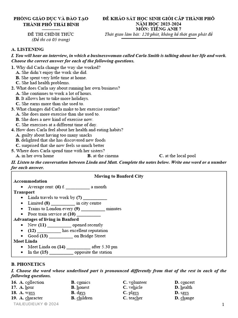 de-thi-hoc-sinh-gioi-tieng-anh-lop-7-cap-thanh-pho-thai-binh-nam-hoc-2023-2024 | PDF | Climate ...