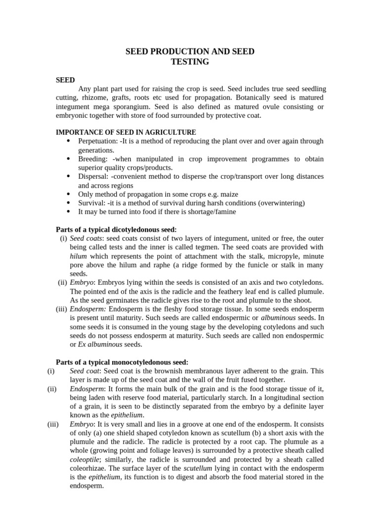 Seed Production and Testing Notes 1 | PDF | Seed | Germination