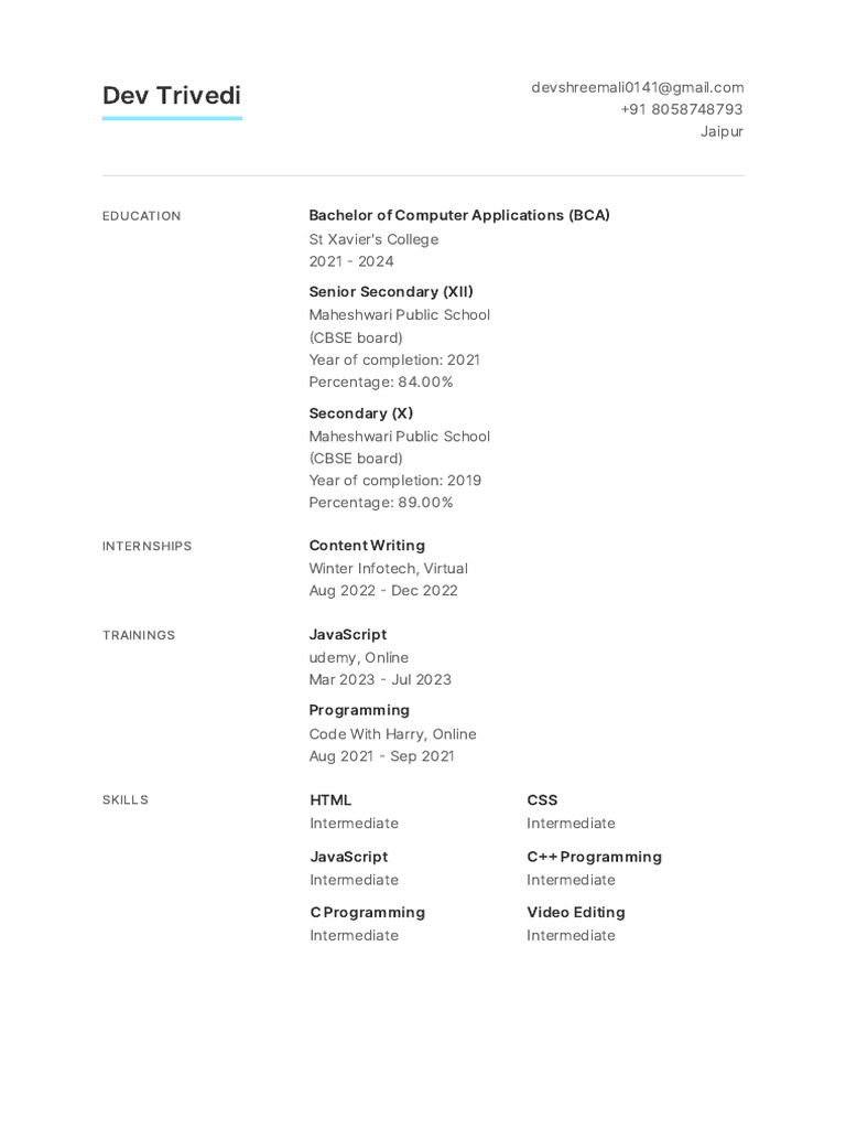 Dev Trivedi's Resume and Skills Summary | PDF