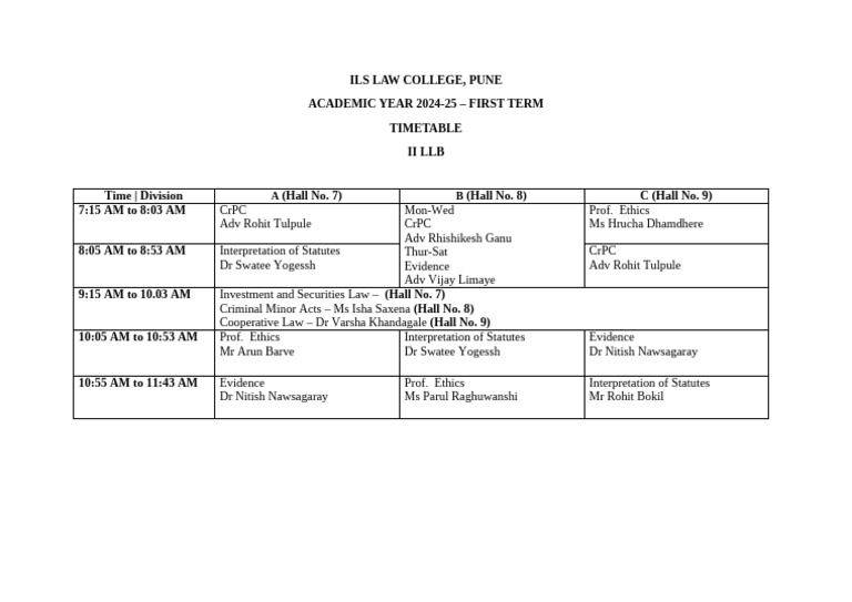 I Term Timetable 2024 25 II LLB | PDF