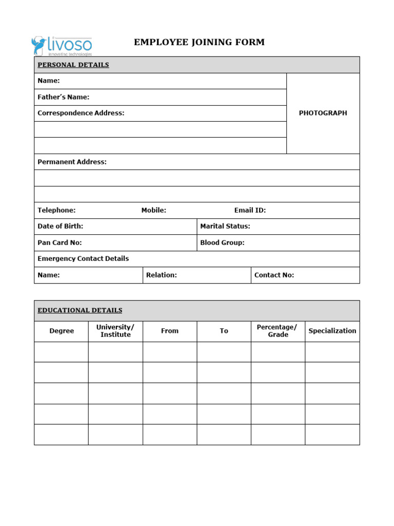 Employee Joining Form Livoso | PDF