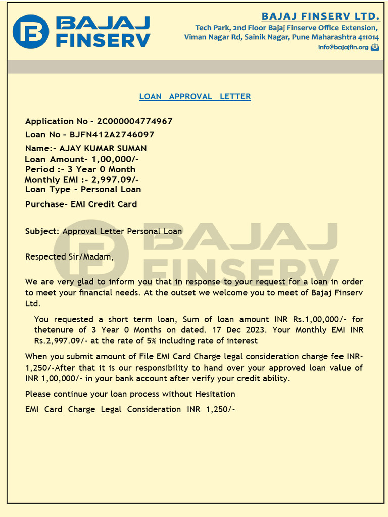 Personal Loan Approval Letter for Ajay Suman | PDF