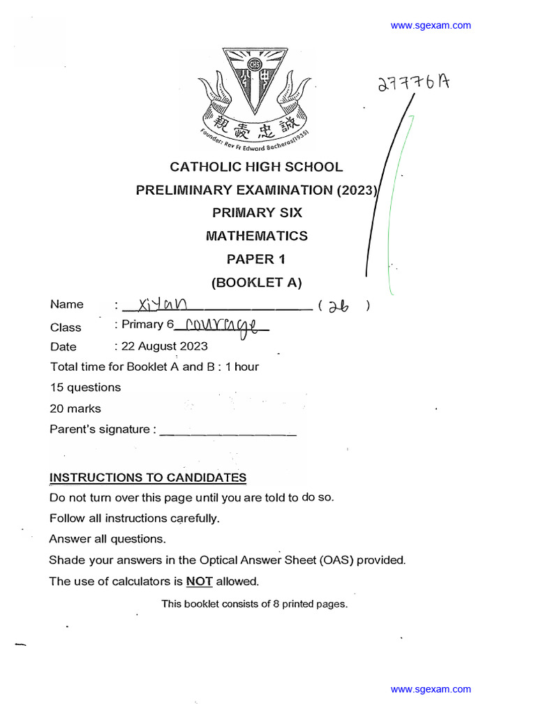 2023 P6 Maths Prelim Catholic High 2 | PDF | Mathematics | Qualifications