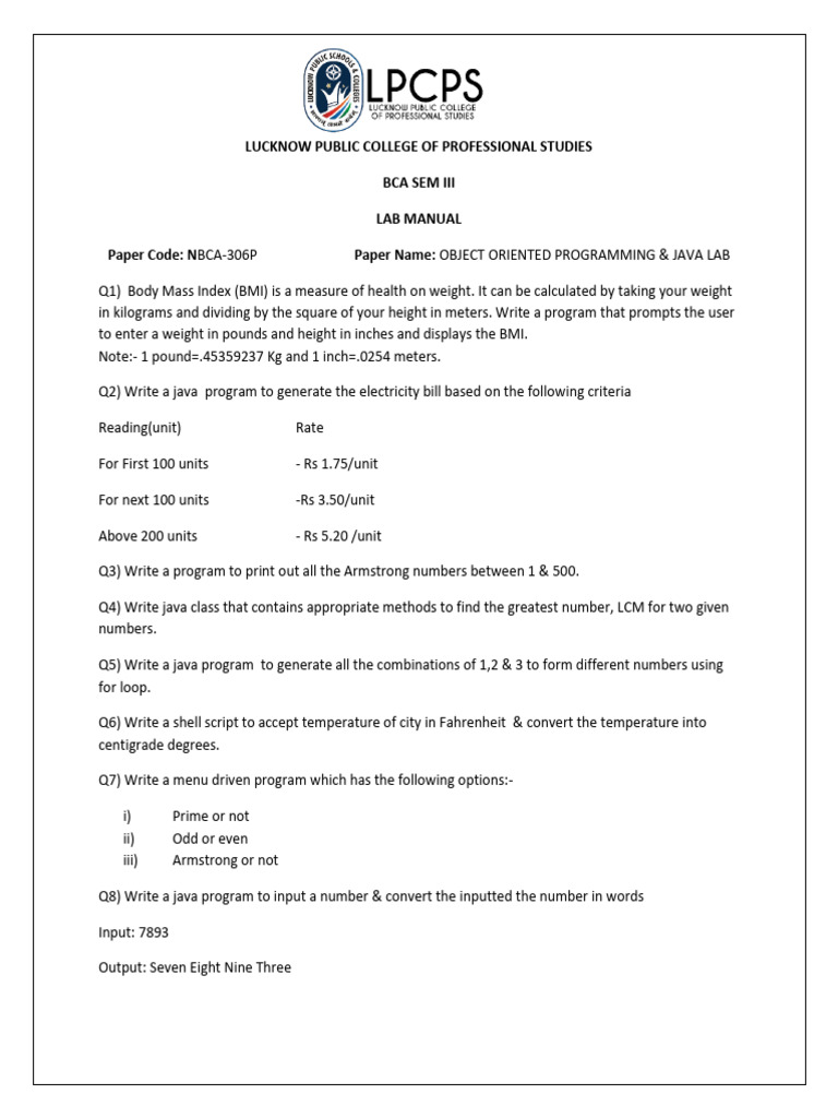 Lab Manual Oops Using Java Pdf Method Computer Programming