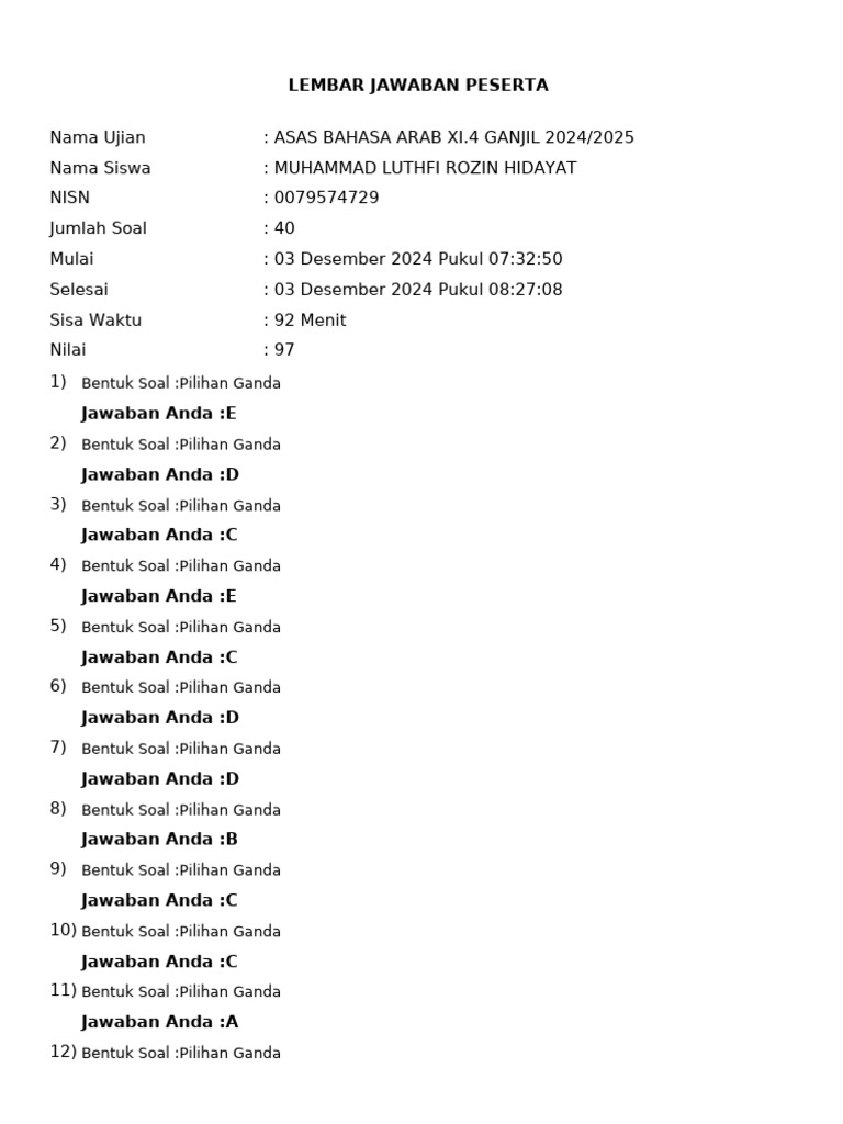 LJ Muhammad Luthfi Rozin Hidayatasas Bahasa Arab Xi 4 Ganjil 202 | PDF