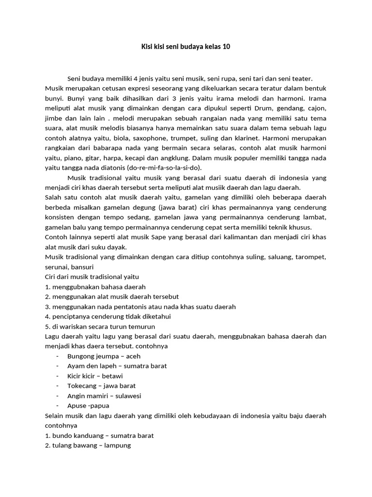 Kisi Kisi Seni Budaya Kelas 10 2024 | PDF