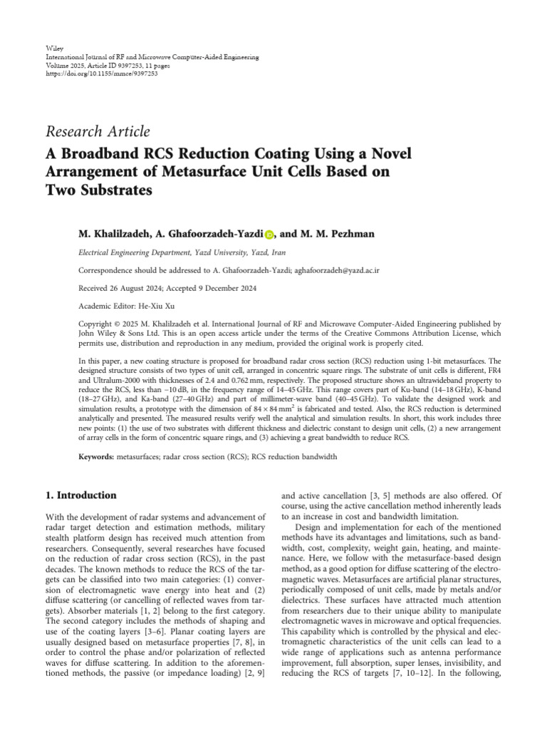 A Broadband RCS Reduction Coating Using A Novel Ar | PDF | Metamaterial | Electromagnetic Radiation