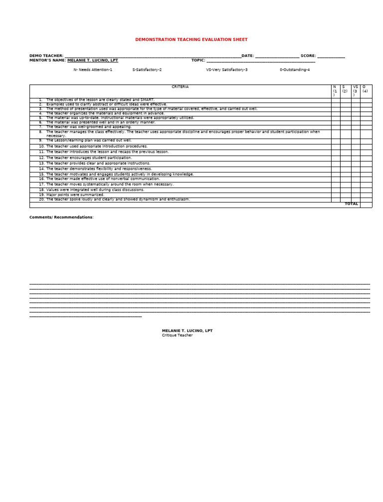 Teaching Demo Evaluation Sheet | PDF | Teachers | Evaluation