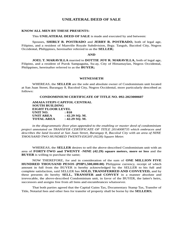 Unilateral Deed of Sale for Condo Unit | PDF | Natural Resources Law ...