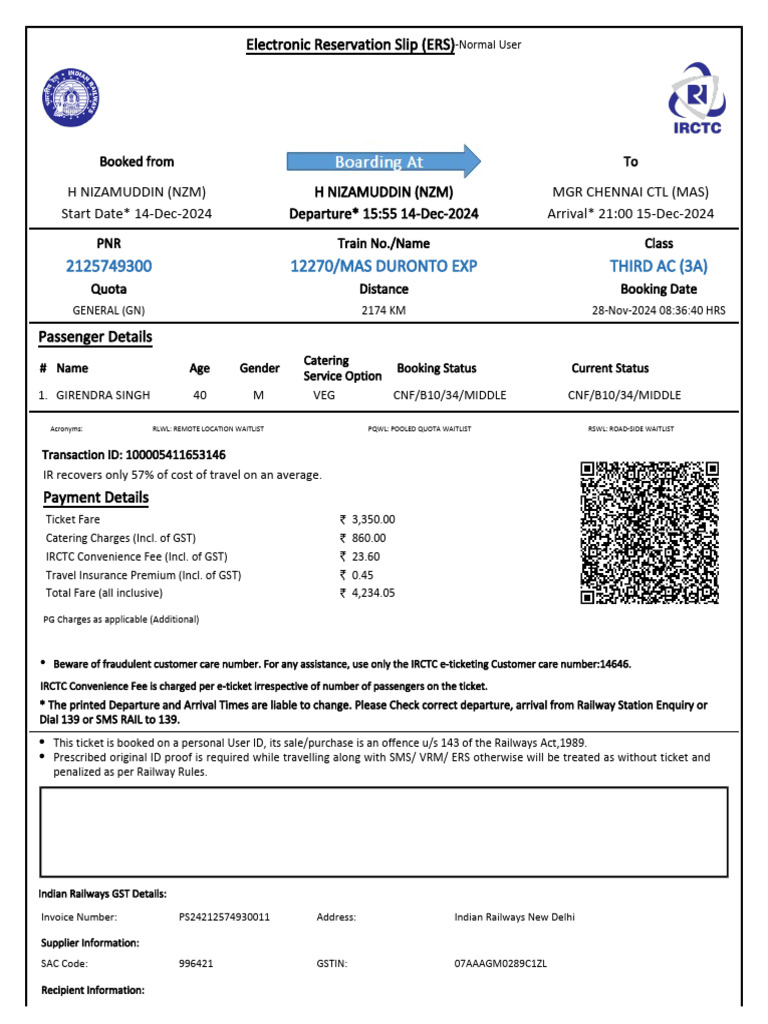 Train tkt from NZM to MAS | PDF | Identity Document | Payments