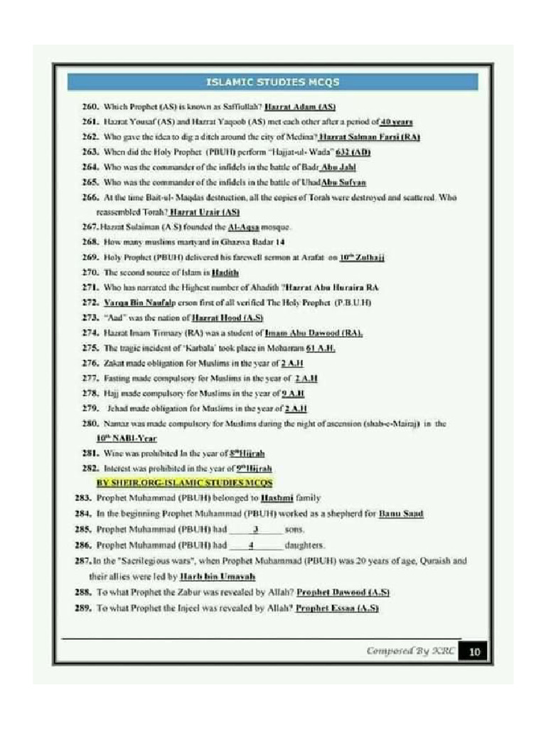 Islamiat MCQs | PDF