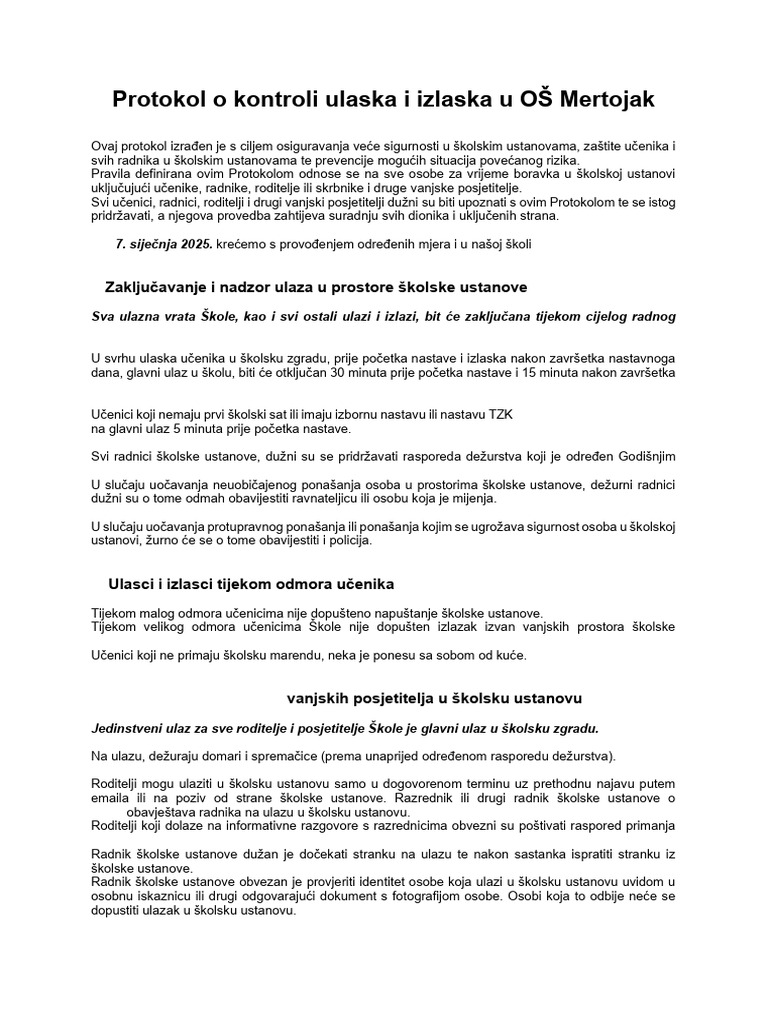Protokol o Kontroli Ulaska I Izlaska U OŠ Mertojak | PDF