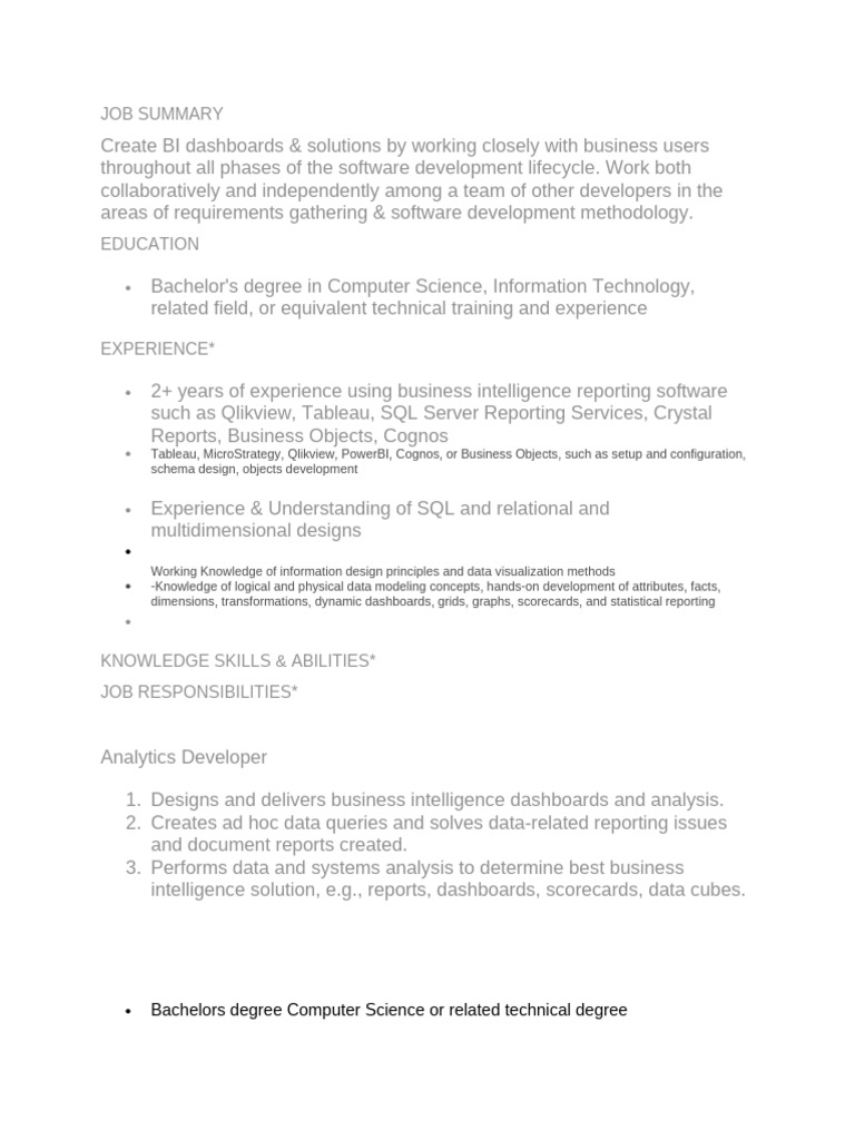 BI Analyst JOB SUMMARY | PDF | Business Intelligence | Software Development
