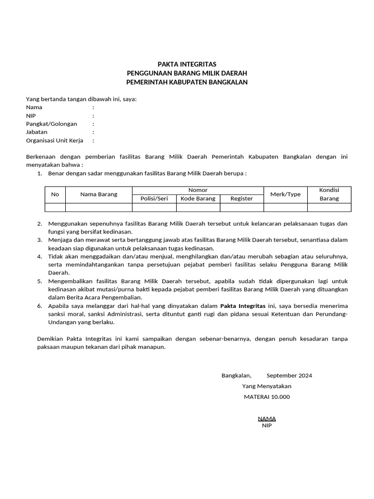 Pakta Integritas 2024 | PDF