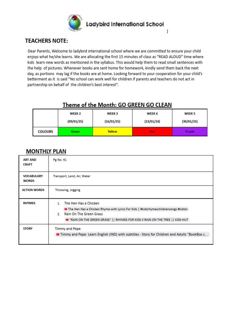 LKG LESSON PLAN FOR THE MONTH OF JANUARY 2025 | PDF | Learning ...
